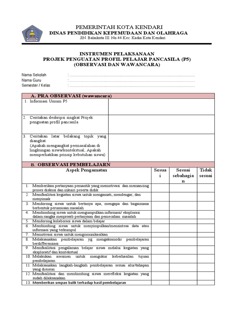 Instrumen Pelaksanaan P5 (Observasi Dan Wawancara) | PDF