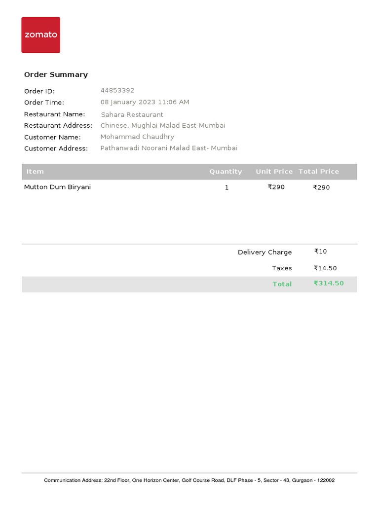 Food Order Receipt | PDF