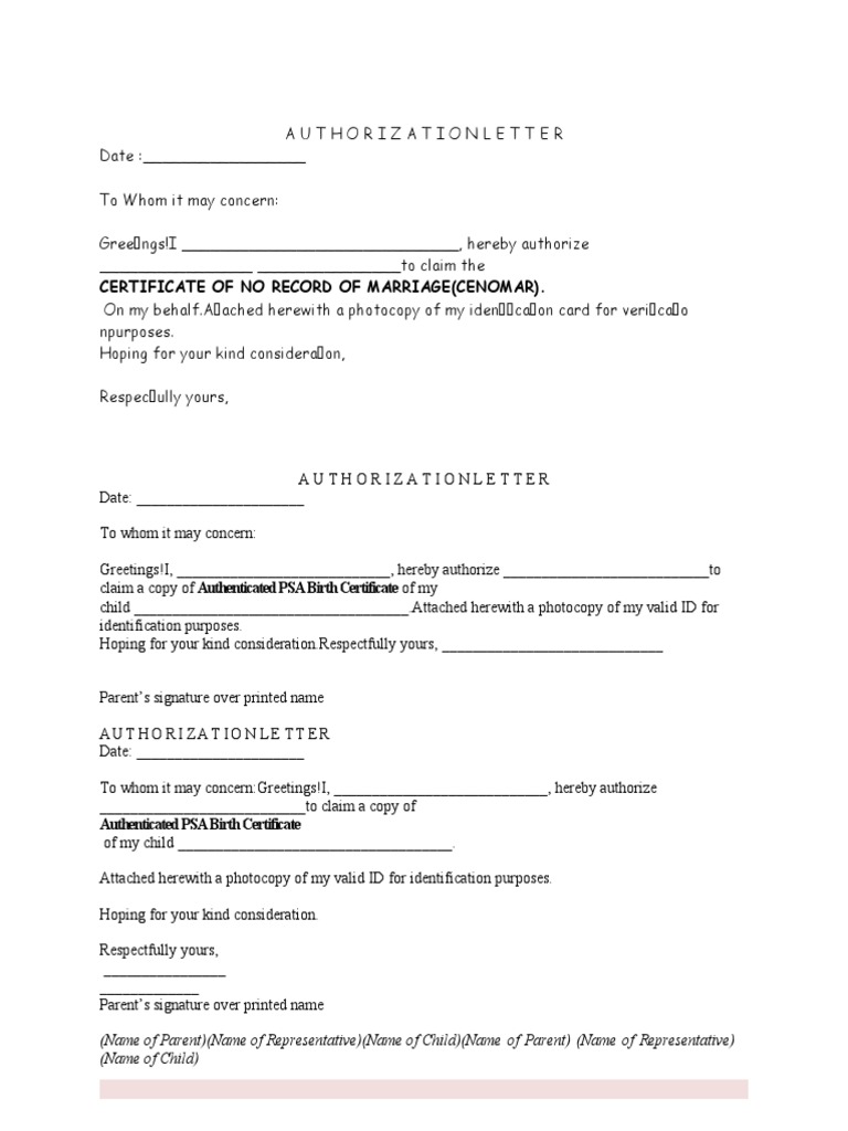 Authorization Letter Psa Birth Certificate - PDF - Birth Certificate ...
