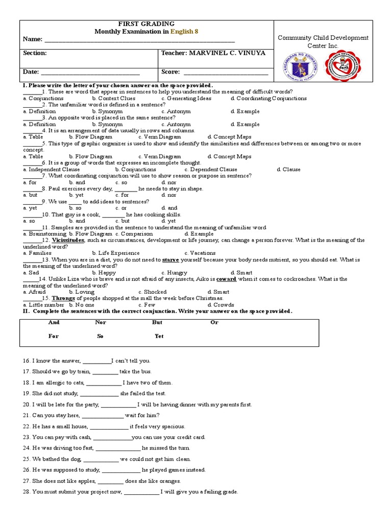 First Monthly Examination English 8 | PDF | Sentence (Linguistics) | Word