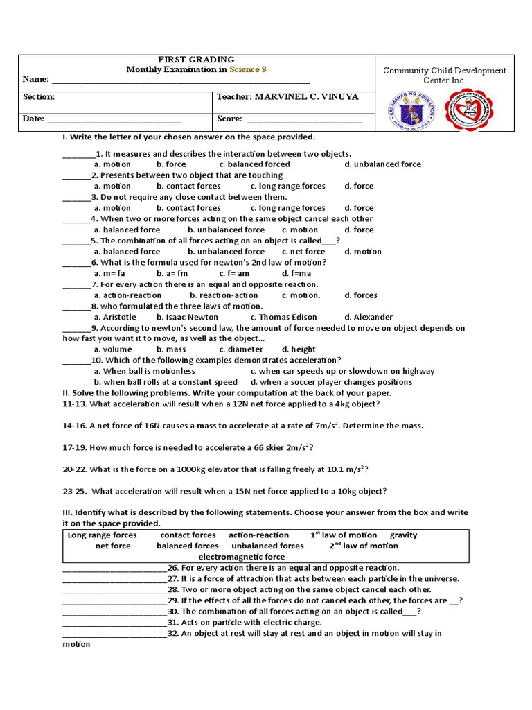 First Monthly Examination - Science 8 | PDF | Force | Newton's Laws Of Motion