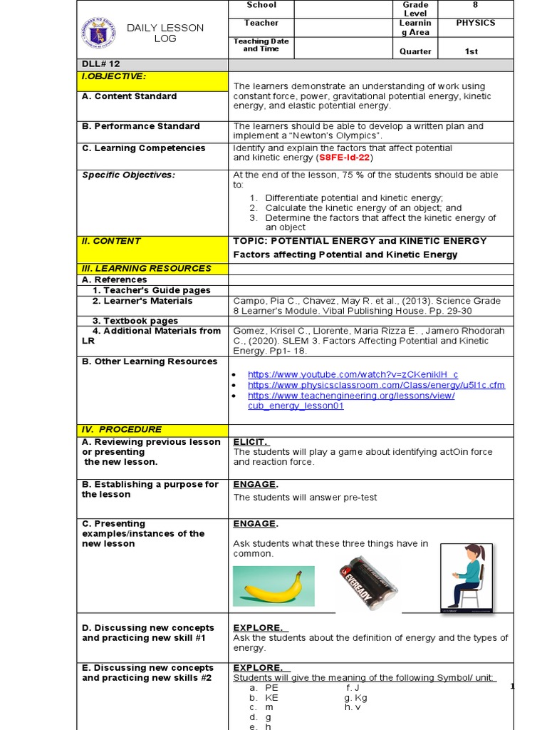 Kinetic and Potential Energy Lesson Plan | PDF | Learning | Force