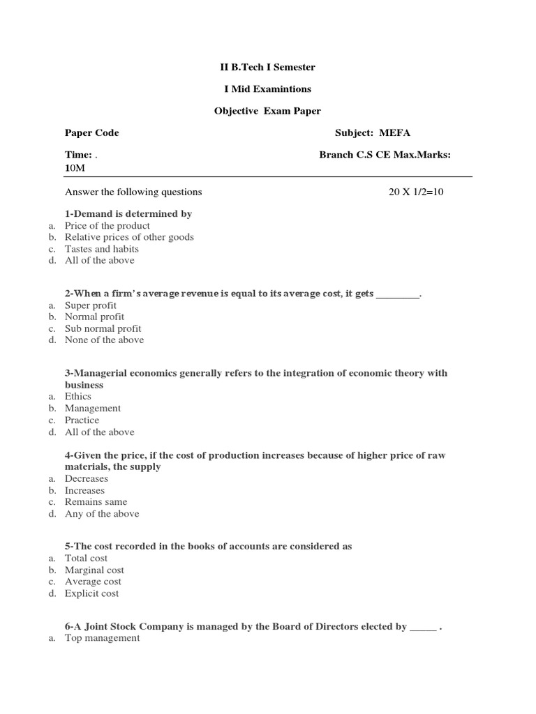 II B.tech Cse I Mid Mefa | PDF | Profit (Economics) | Perfect Competition
