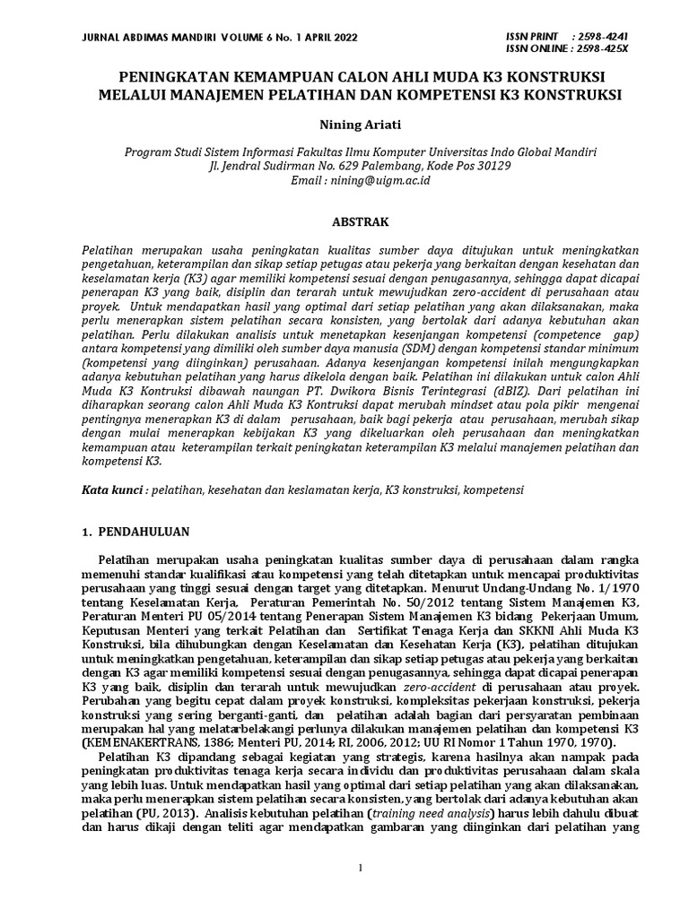 Peningkatan Kemampuan Calon Ahli Muda K3 Konstruksi Melalui Manajemen ...