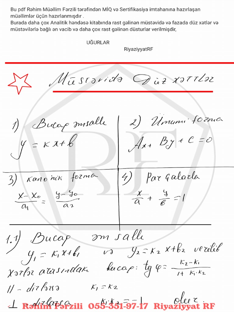 AZE Analitik Həndəsənin Bəzi Əsas Düsturları Riyaziyyat RF | PDF