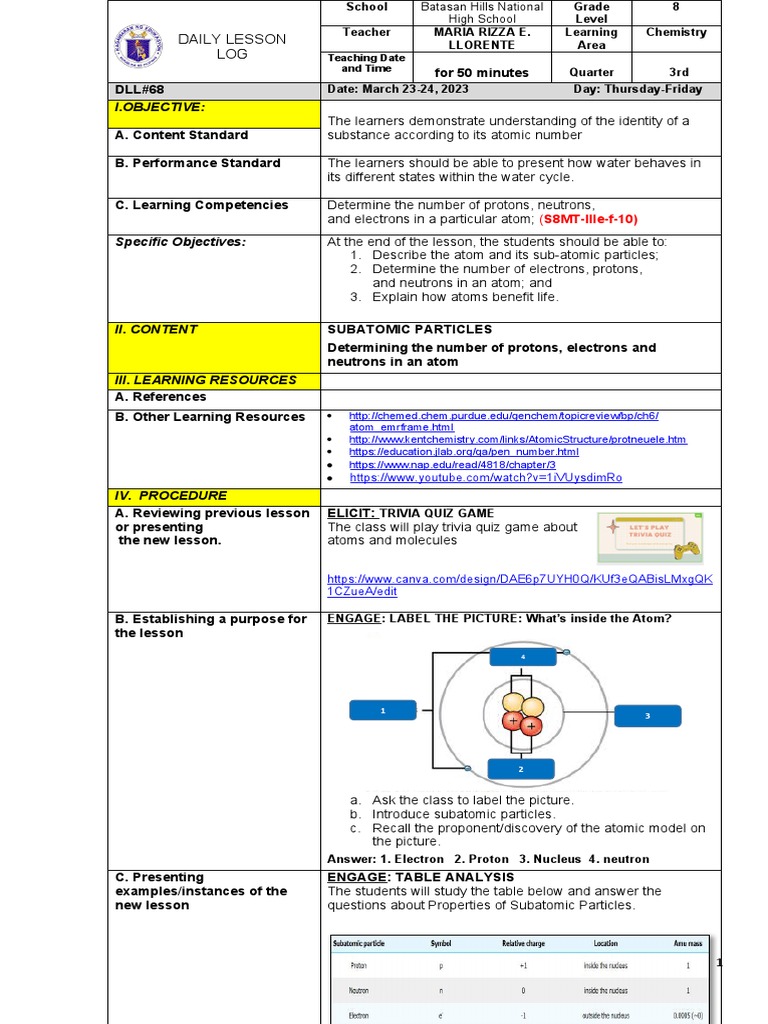 LESSON PLAN - Subatomic Particles | PDF | Atoms | Neutron