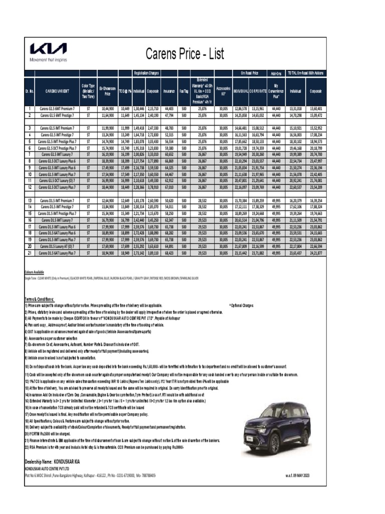 Konduskar Kia Carens Price List W.E.F. 09-05-2023 | PDF | Receipt | Cash