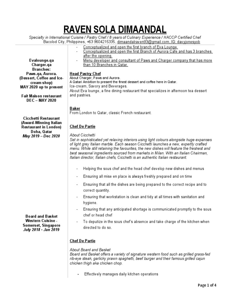 Raven Sola Dimaandal CV Updated 2 1 | PDF | Restaurants | Chef