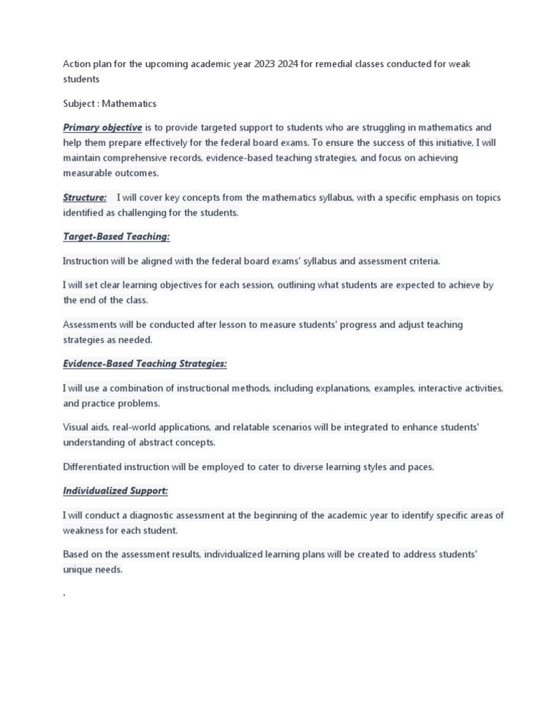 Remedial Action Plan for Weak Students | PDF | Business | Wellness