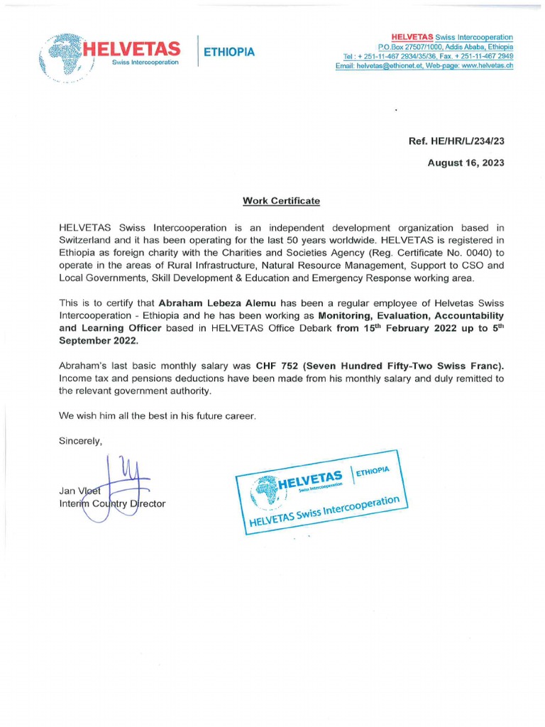 Helvetas Work Certificate | PDF