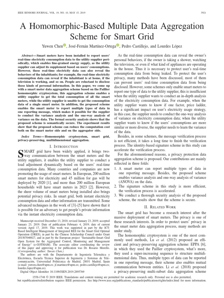 A Homomorphic Based Multiple Data Aggregation Scheme For Smart Grid Pdf Public Key