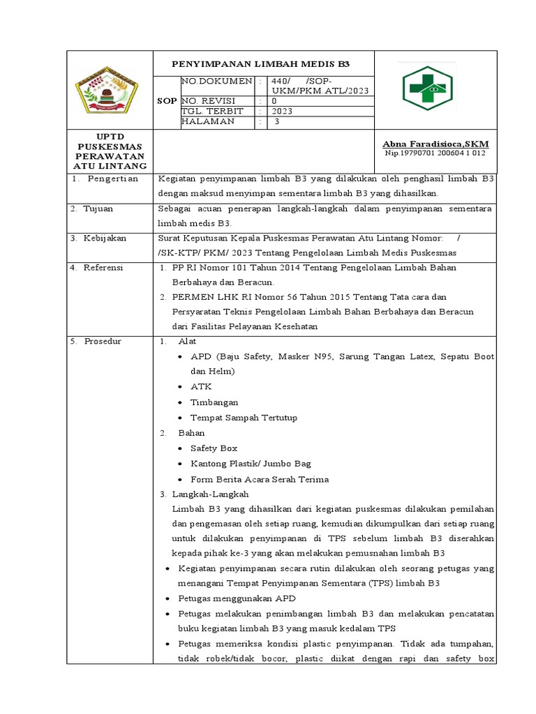 Sop Penyimpanan Limbah Medis b3 | PDF