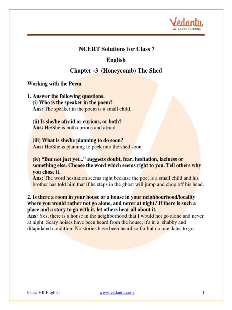 NCERT Solutions For Class 7 English Chapter 3 - The Shed - . | PDF