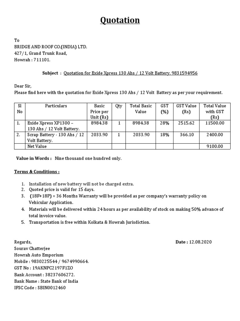 Quotation - Bridge and Roof | PDF