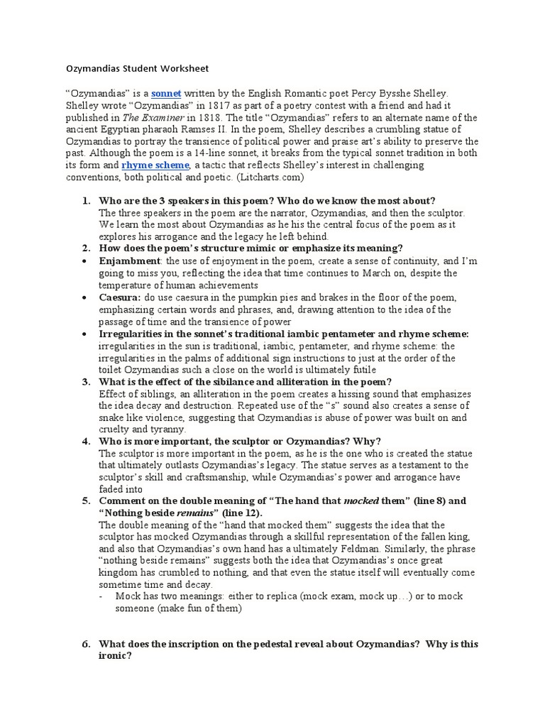 Ozymandias Poem Analysis Worksheet | PDF | Poetry | Sonnets