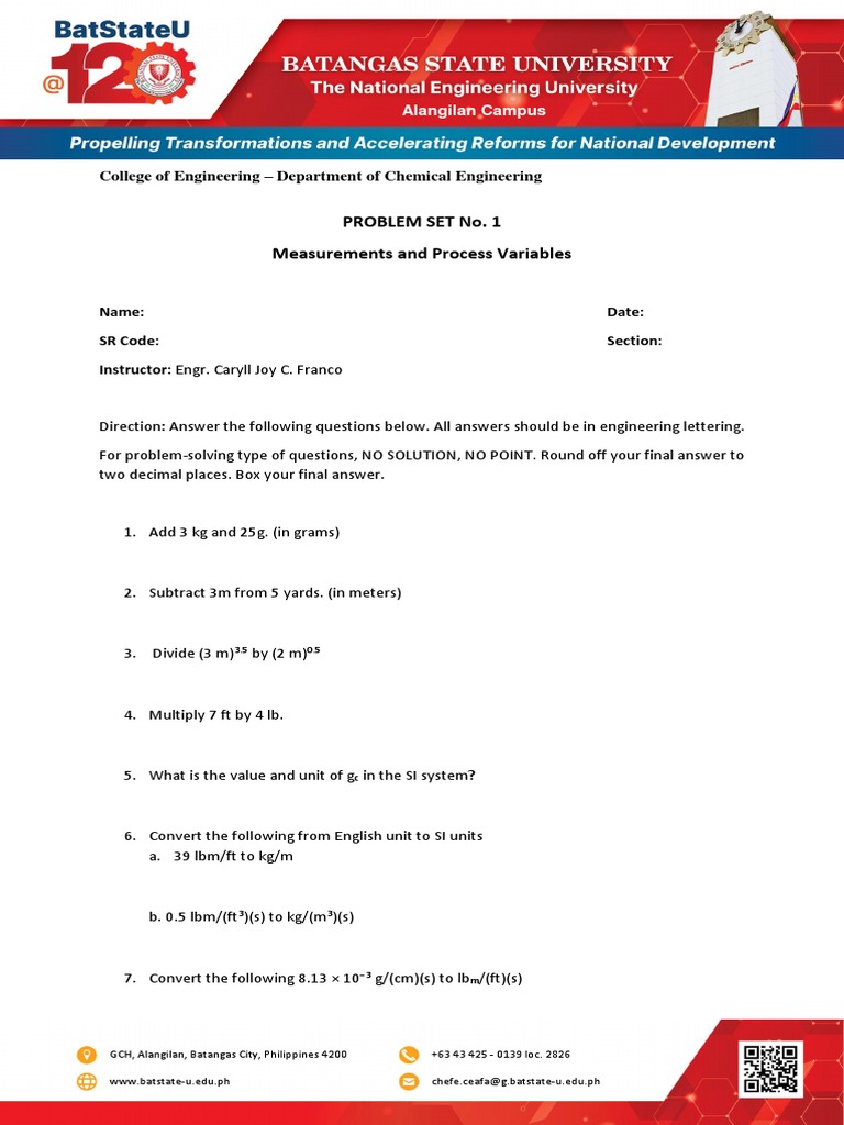 Problem Set 1 Measurements and Process Variables | PDF | Mole (Unit) | Physical Sciences