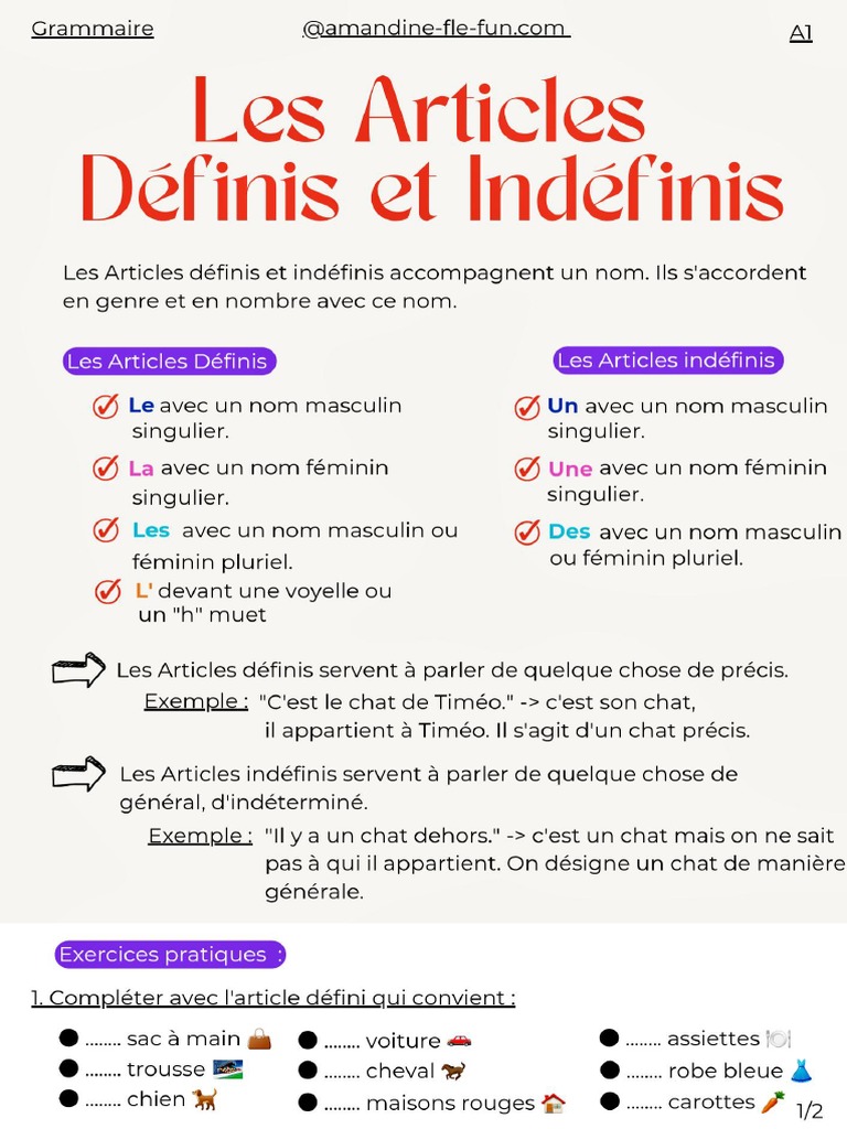 Les Articles Définis Et Indéfinis - A1 - Leçon + Exercices + Corrigé | PDF