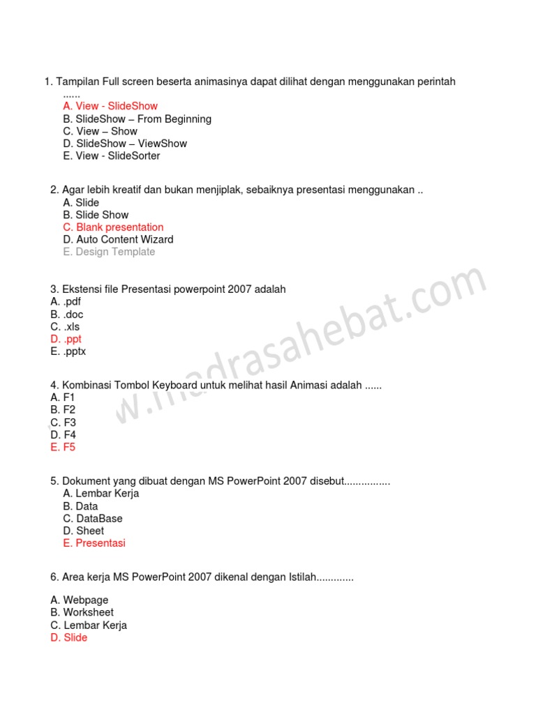 Kumpulan Soal Dan Jawaban Mata Pelajaran TIK Informatika - Microsoft Powerpoint | PDF