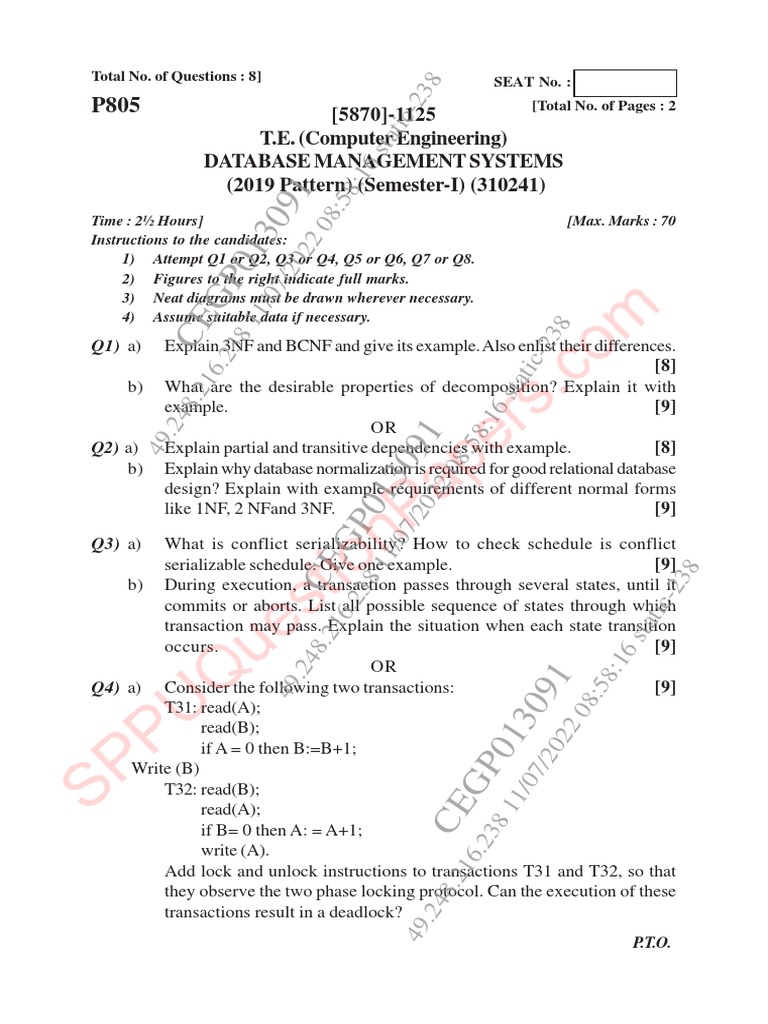 Be Computer Engineering Semester 5 2022 May Database Management Systems Dms Pattern 2019 ...