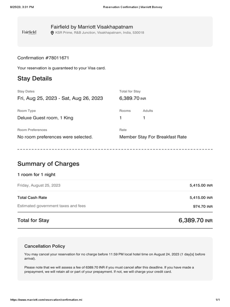 Nirmal Vizag Reservation Confirmation - Marriott Bonvoy | PDF