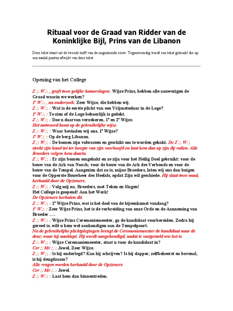 Rituaal Voor de Graad Van Ridder Van de Koninklijke Bijl, Prins Van ...