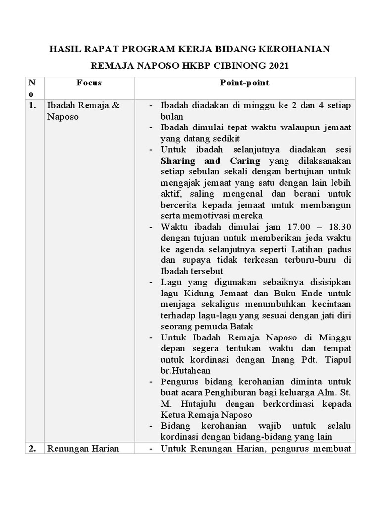 Hasil Rapat Program Kerja Bidang Kerohanian | PDF