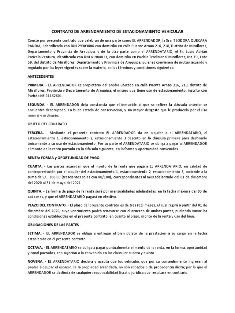 Contrato de Arrendamiento de Estacionamiento Vehicular | PDF Contrato de Arrendamiento de Estacionamiento Vehicular | PDF