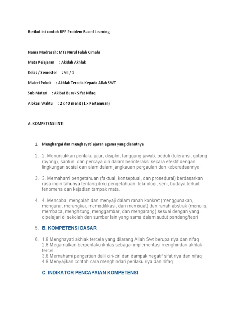 Berikut Ini Contoh RPP Problem Based Learning | PDF
