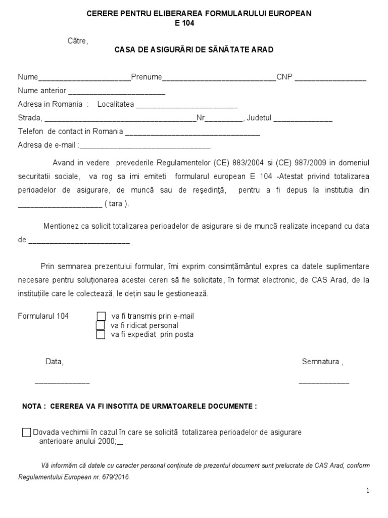 Cerere Eliberare Formular European E 104 | PDF