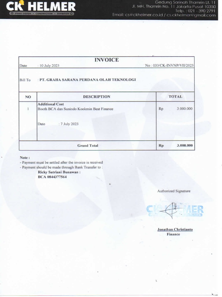 Inv 033 - Pt. Graha Sarana Perdana Olah Teknologi - Additional Cost at Hyundai Golf Tournament | PDF