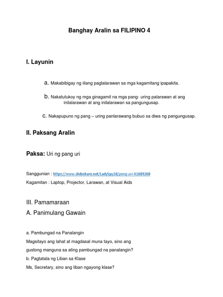 Banghay Aralin Sa FILIPINO 4 | PDF