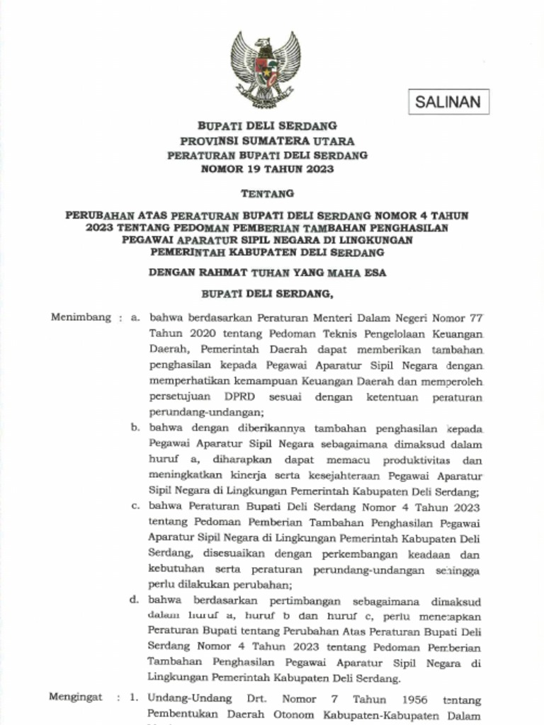 Perubahan Perbub TPP No 19 Tahun 2023 | PDF