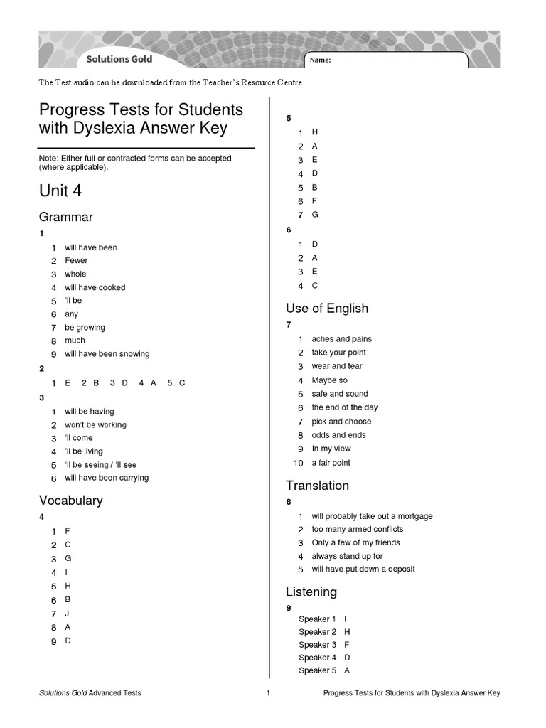 Solutions Gold Adv U4 Progress Test Dyslexia Answer Key | PDF ...