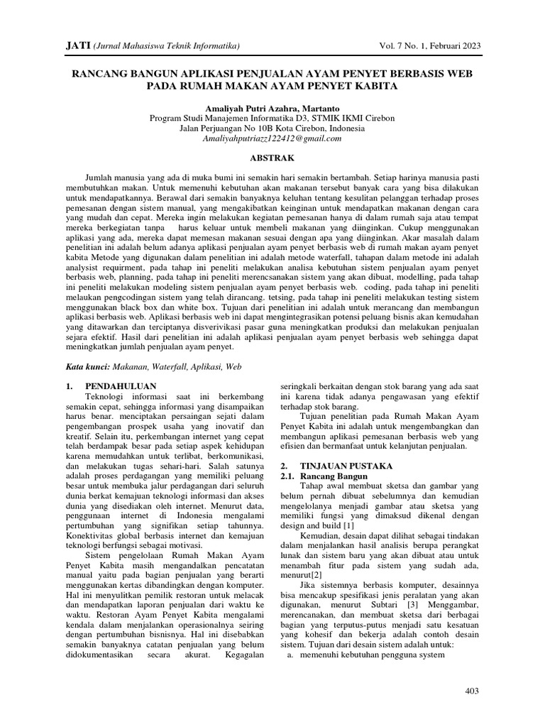 Rancang Bangun Aplikasi Penjualan Ayam Penyet Berbasis Web Pada Rumah Makan Ayam Penyet Kabita | PDF