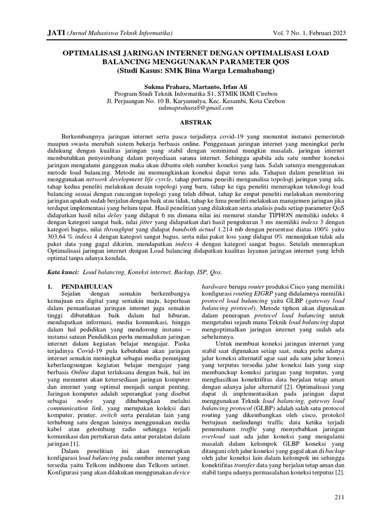 Optimalisasi Jaringan Internet Dengan Optimalisasi Load Balancing Menggunakan Parameter Qos | PDF
