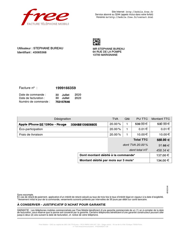 Facture Free Mobile - Stéphane Bureau | PDF | Taxe sur la valeur ...