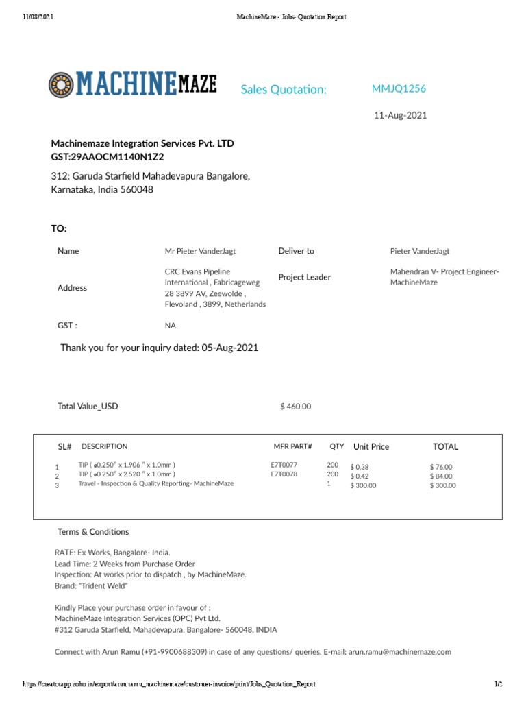 Quotation Weld Tip MM00132 11 Aug 2021 | PDF