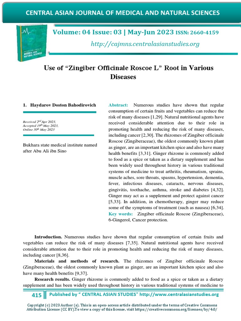 Use of "Zingiber Officinale Roscoe L" Root in Various Diseases | PDF ...