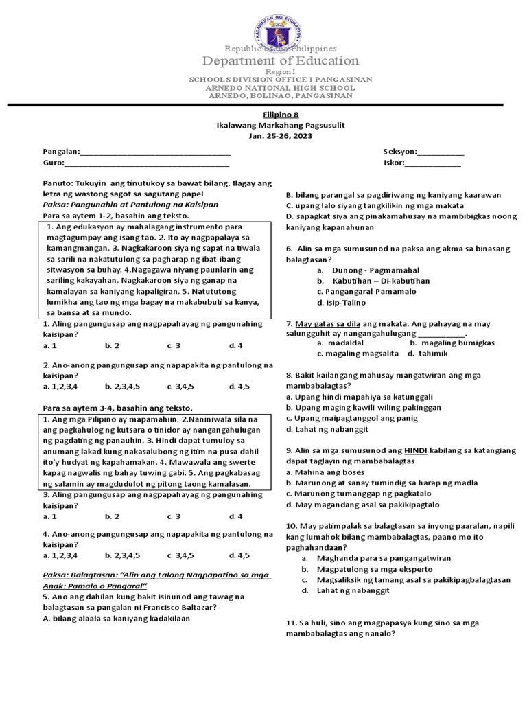 Fil.8 2nd Quarter Exam 2022-2023 | PDF