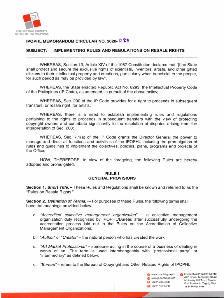 Implementing Rules and Regulations On Resale Rights | PDF | Royalty ...