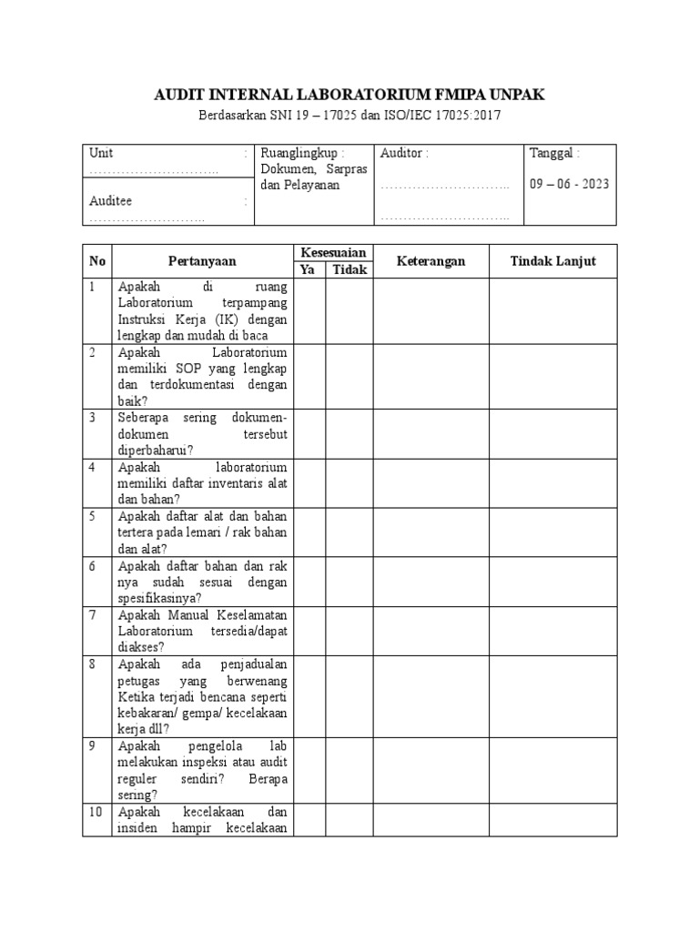 Rev Ceklis Auditor (Audit Lab) 150823 | PDF | Kesehatan Holistik | Sains & Matematika