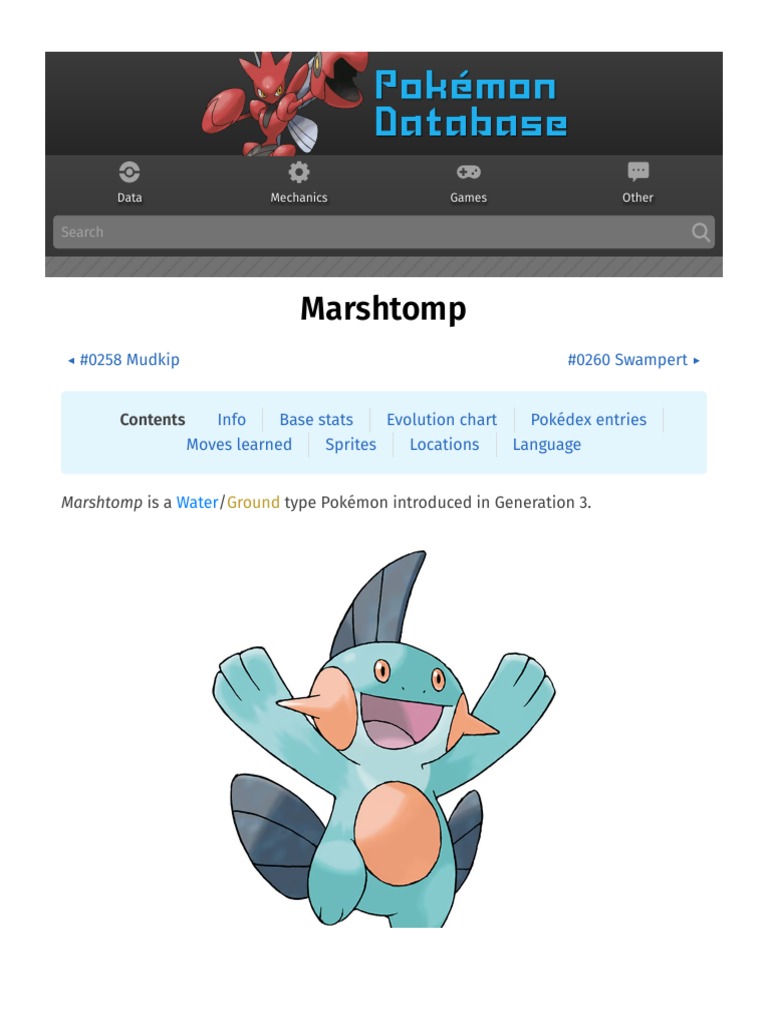Marshtomp Pokédex - Stats, Moves, Evolution & Locations - Pokémon Database | PDF | Nintendo ...