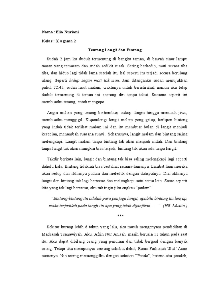 CERPEN - Tentang Langit Dan Bintang - Elia Nuriani - X Agama 2 | PDF