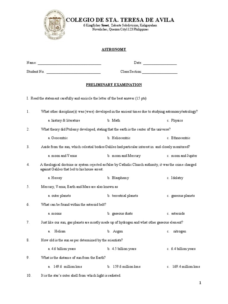 Astronomy Exam Questions and Answers | PDF | Sun | Planets