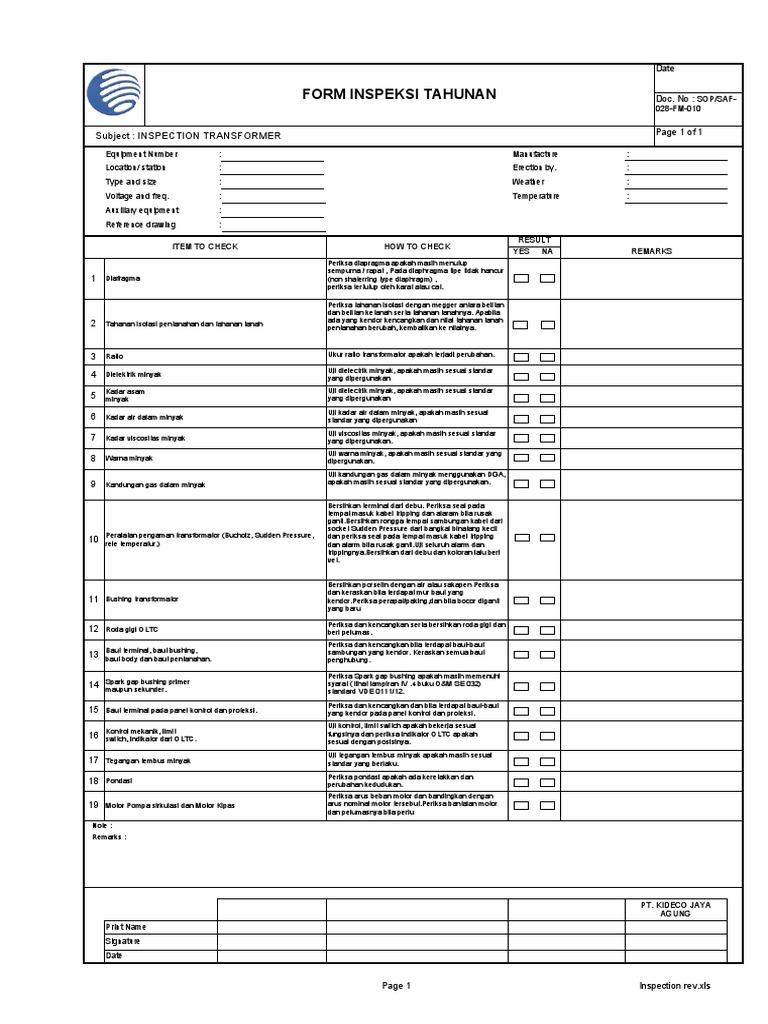 SOP - SAF-028-FM-010 FORM INSPEKSI PERALATAN LISTRIK (2) Rev 01 | PDF