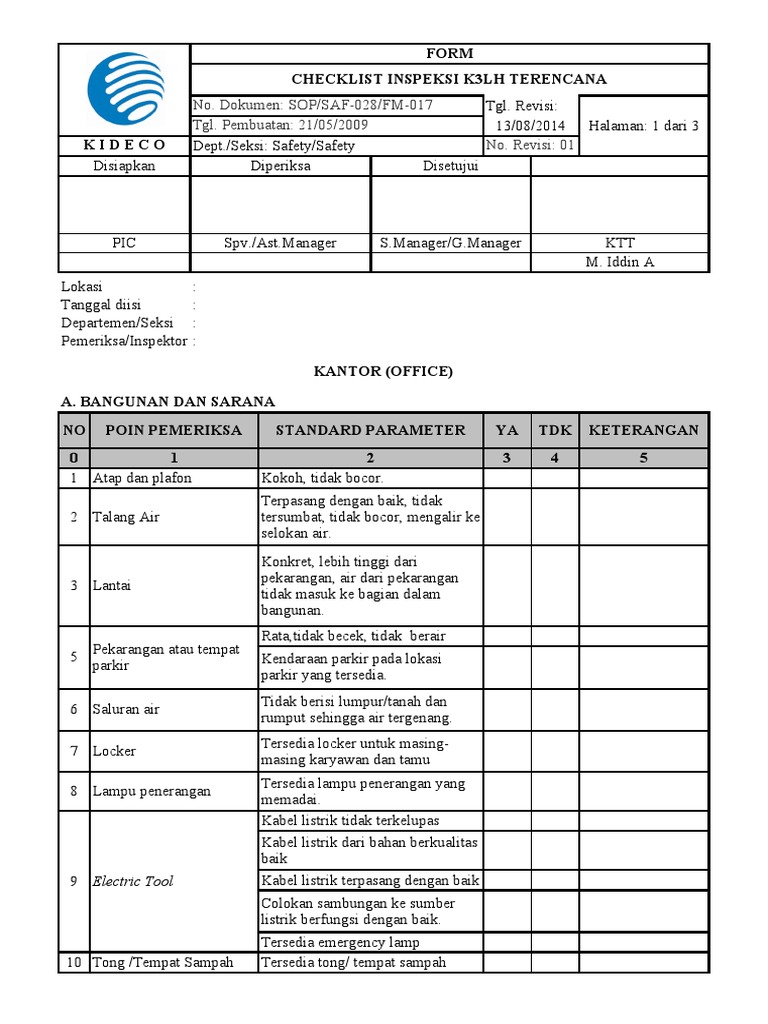 SOP - SAF-028-FM-017 FORM CHECKLIST INSPEKSI K3LH TERENCANA KANTOR Rev ...