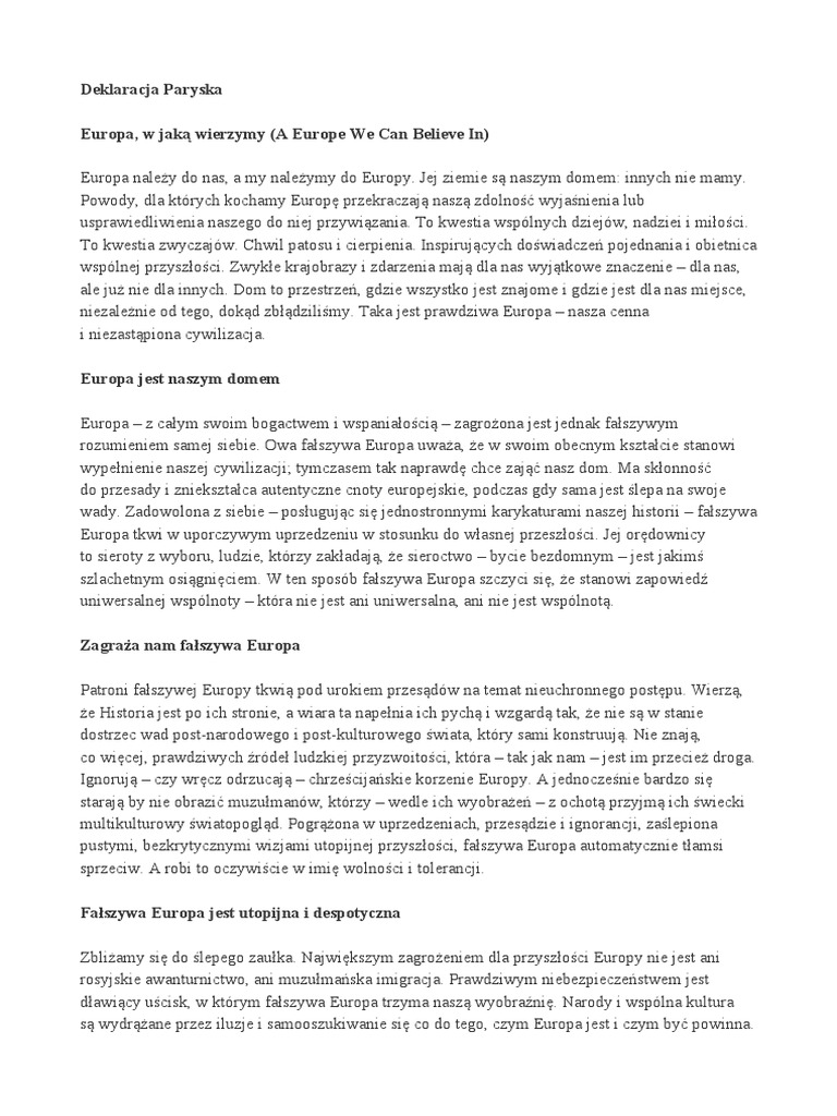 Deklaracja Paryska - Europa W Jaką Wierzymy | PDF