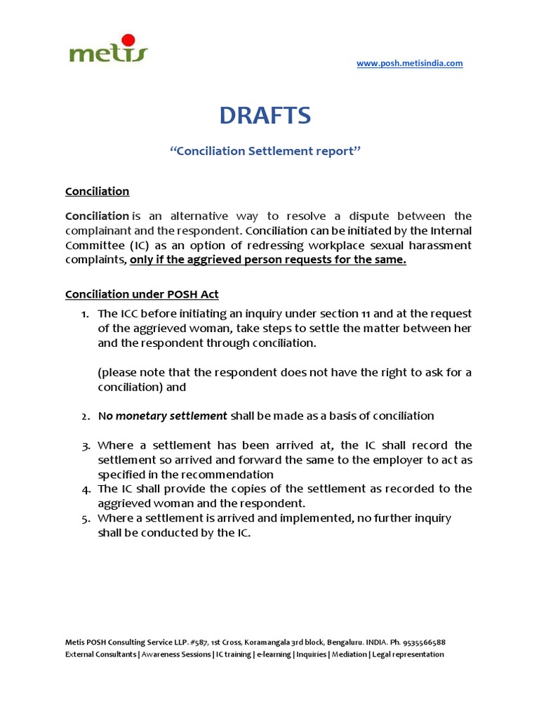 Metis POSH Collaterals Downloadable Draft Conciliation Settlement ... Metis POSH Collaterals Downloadable Draft Conciliation Settlement ...
