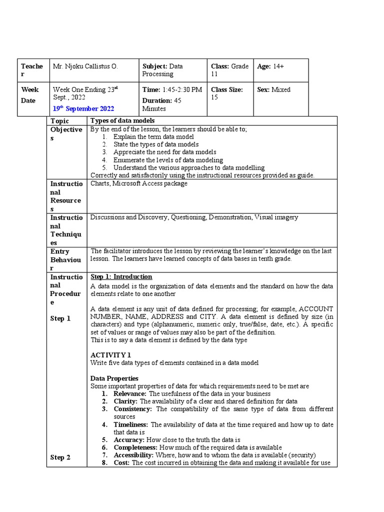Grade 11 Lesson Plan Full | PDF | Conceptual Model | Relational Database
