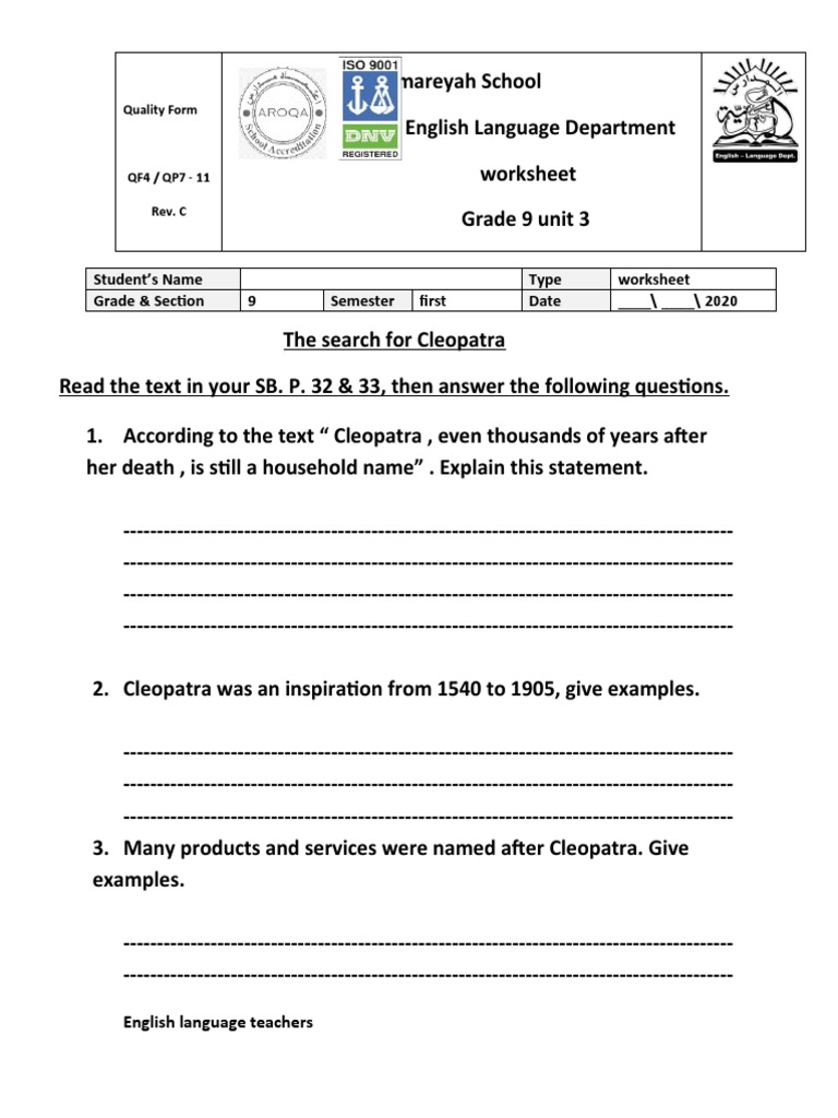 Unit 3 Reading Comp. New | PDF | Cleopatra